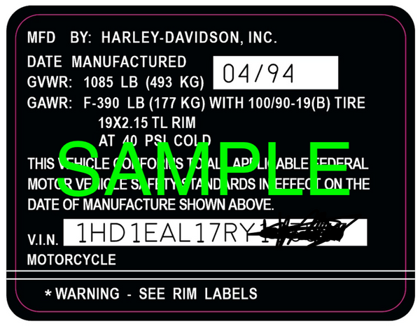 VIN Tag Frame Plate Sticker Label NOS For HARLEY-DAVIDSON Motorcycles ...